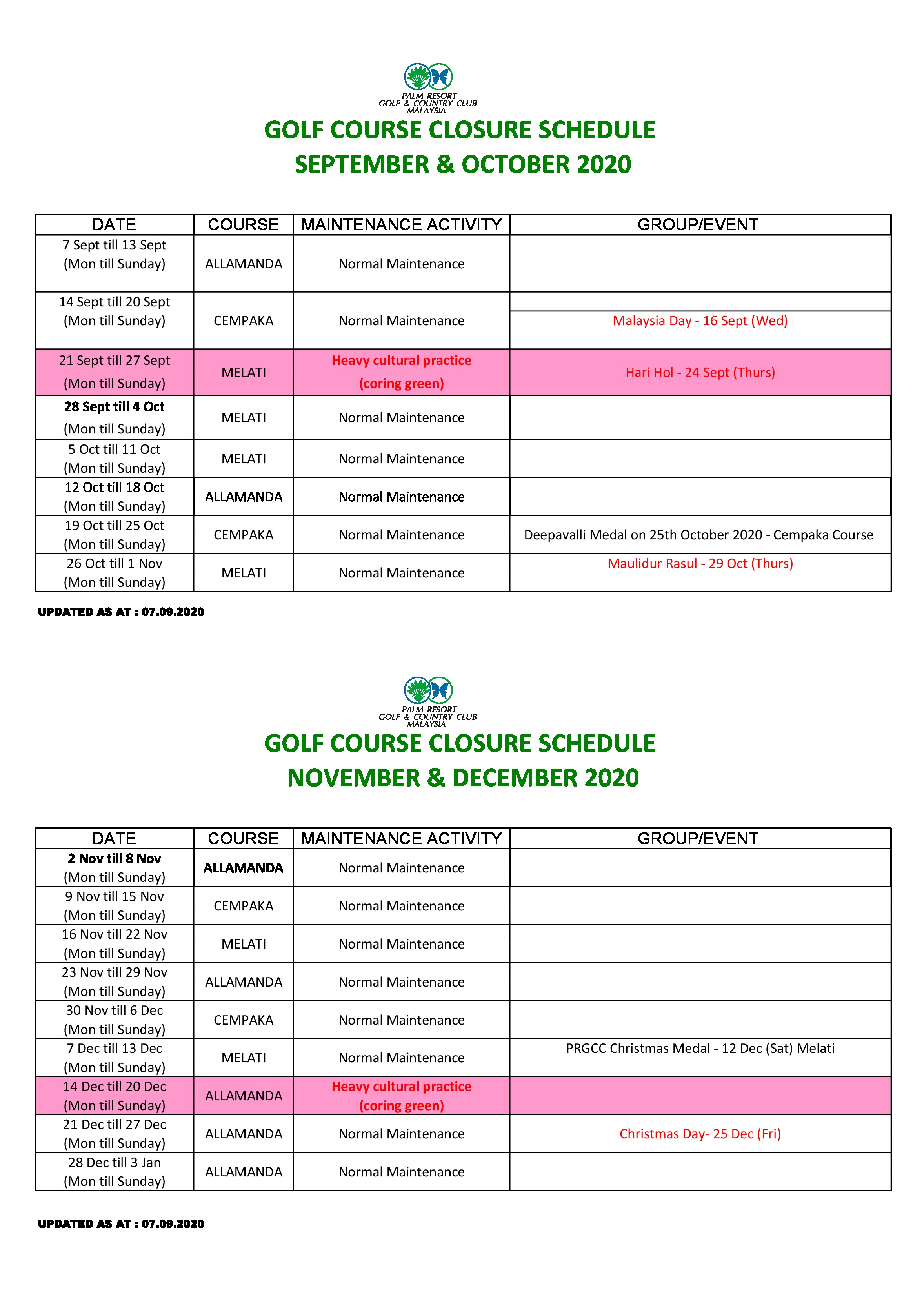 September to December 2020 | Palm Resort